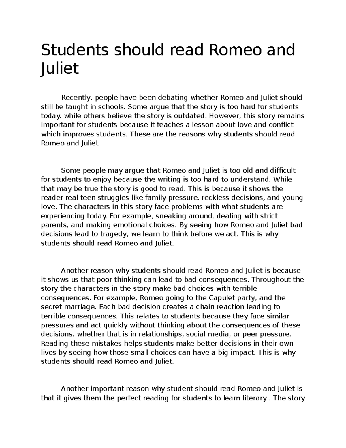 The Importance of Reading Romeo and Juliet in Today's Schools - Studocu