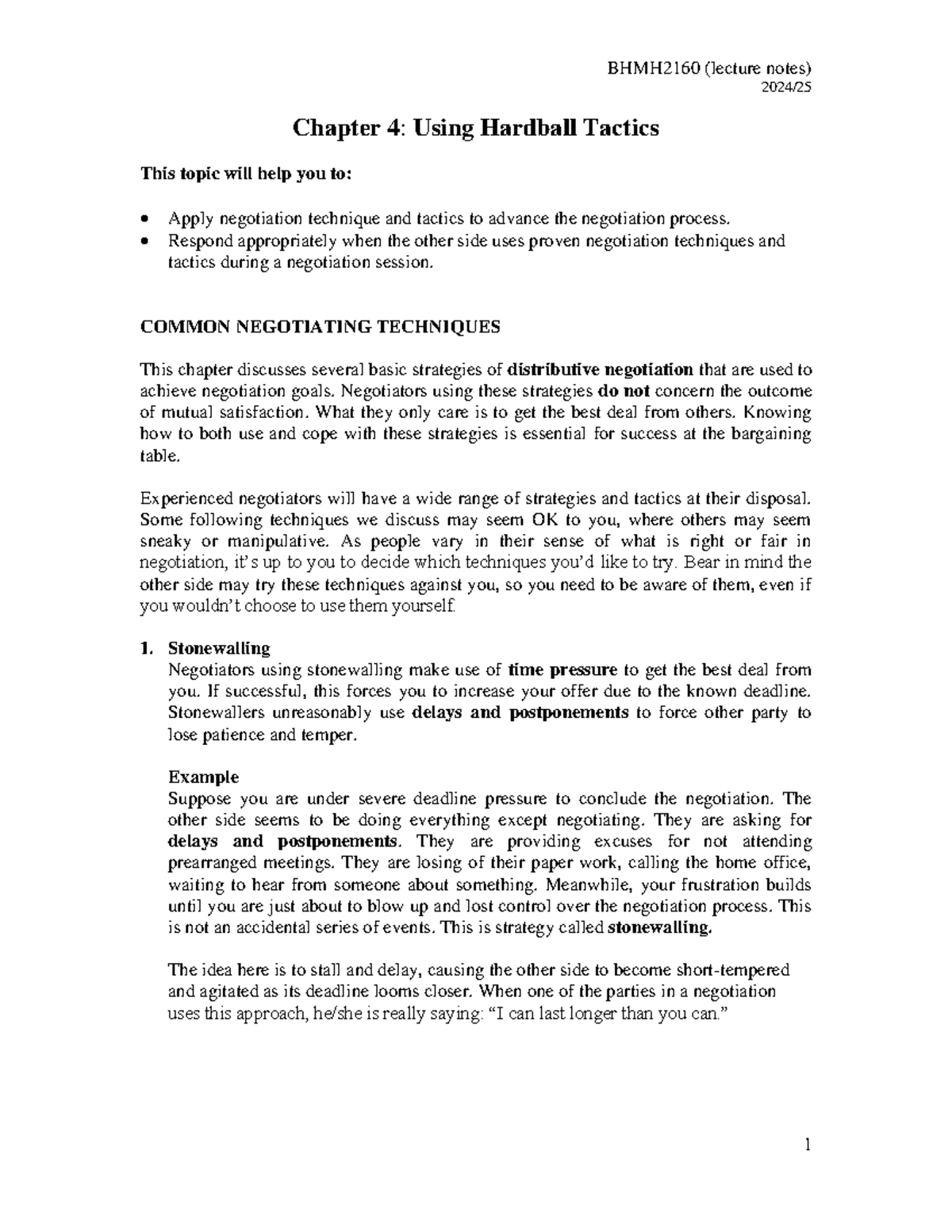 BHMH2160 Lecture Notes: Chapter 4 - Mastering Hardball Tactics in ...