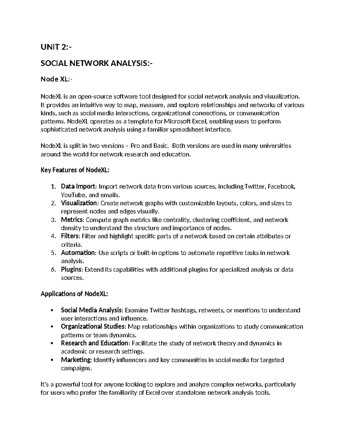 UNIT 2 - Notes on Social Network Analysis and NodeXL Features - Studocu