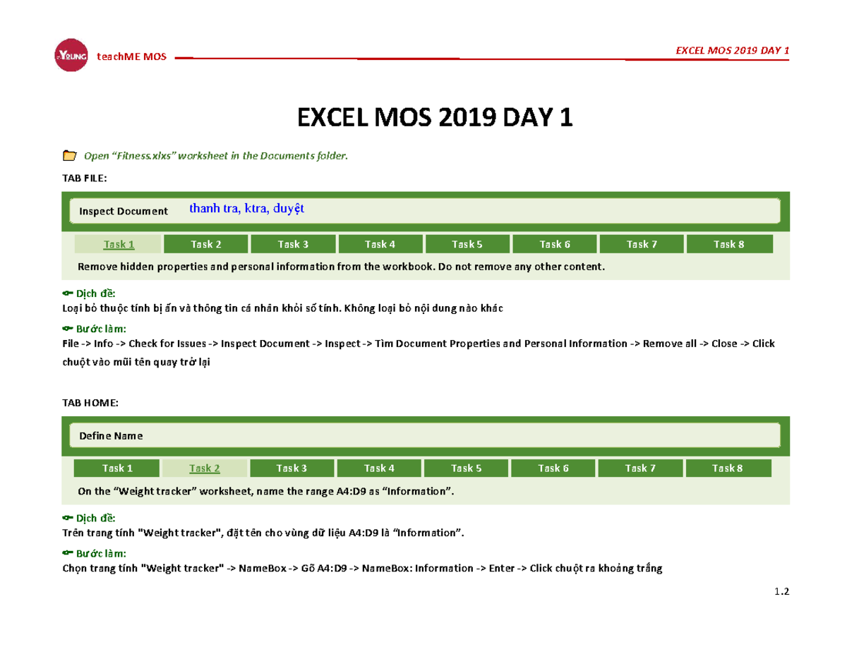 EXCEL MOS 2019 DAY 1 - Practice Tasks and Instructions - Studocu