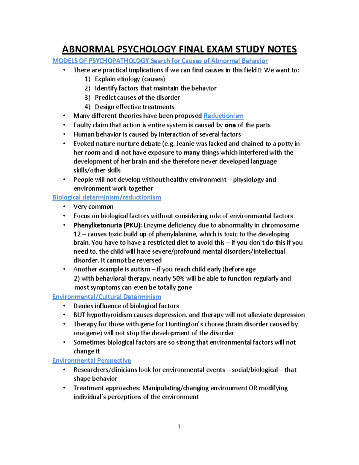 Abnormal Psychology Final EXAM Study Guide Notes - 1 ABNORMAL ...