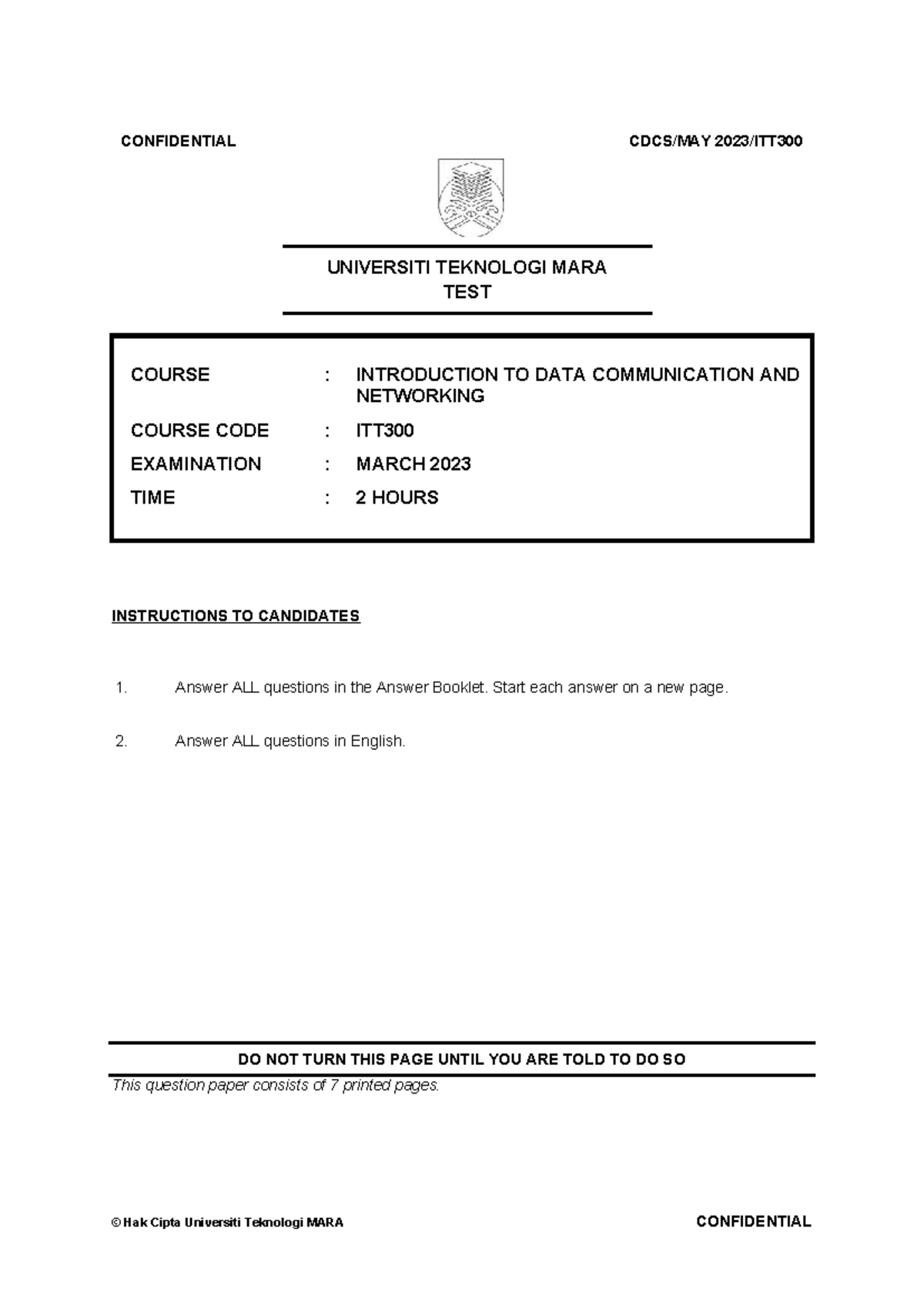 Test Itt300 Introduction To Data Communication Networking Exam March