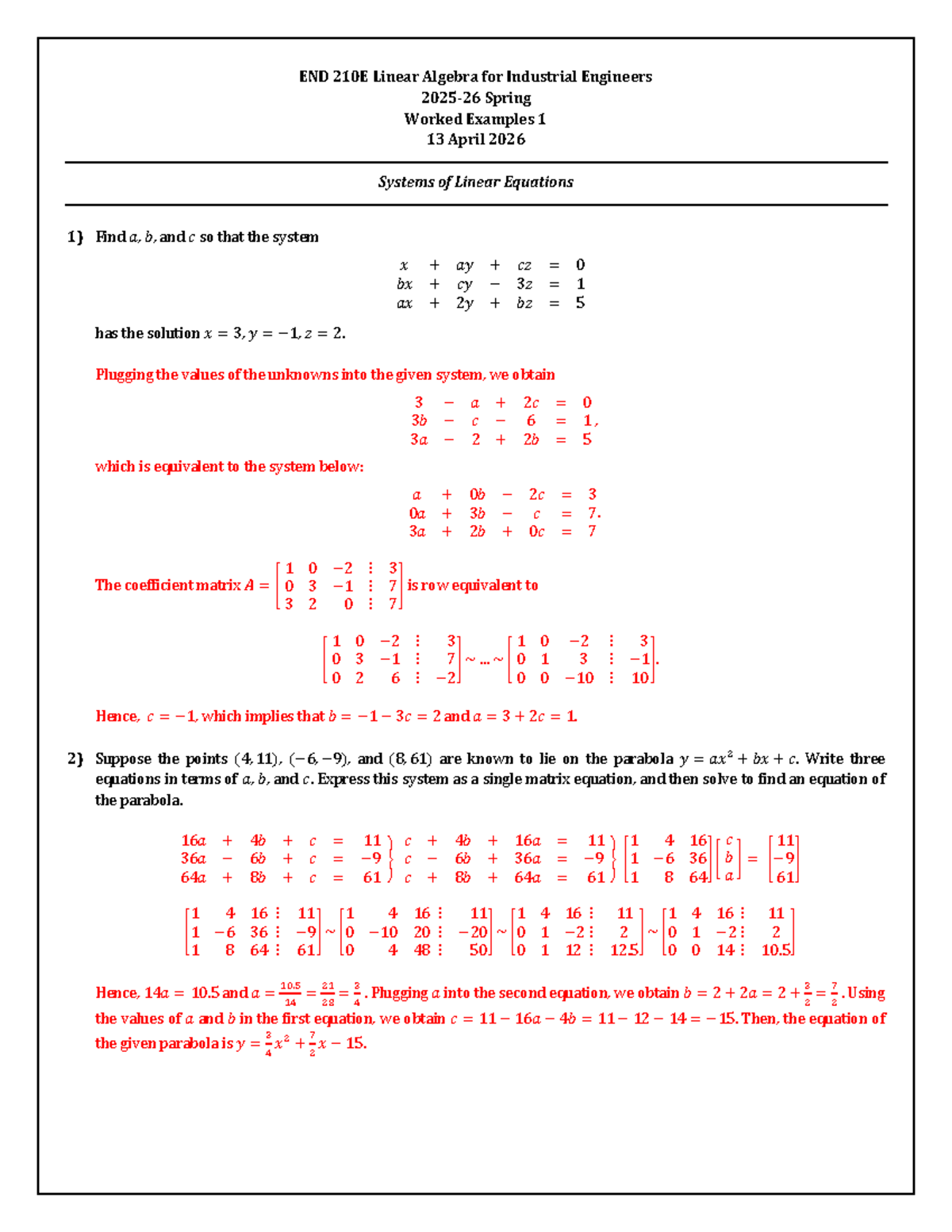 END 210E Linear Algebra for Industrial Engineers: Worked Examples 1 ...