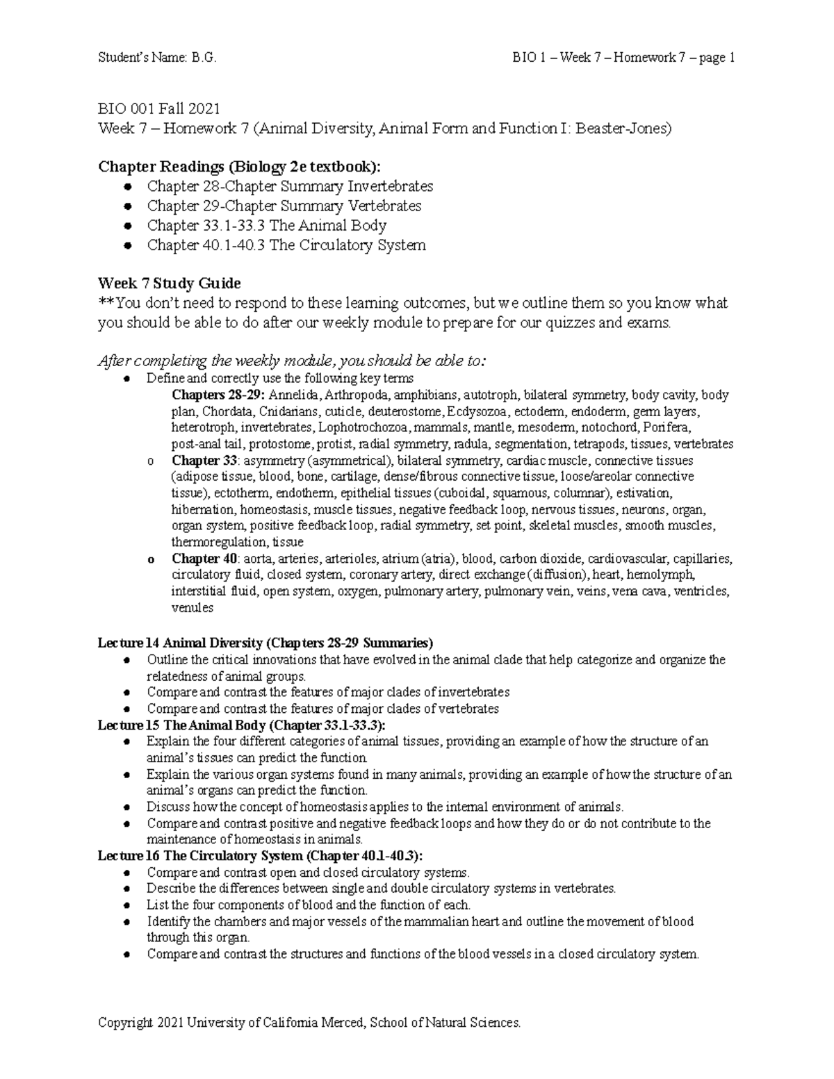 Bio 001 homework week 7 - BIO 001 Fall 2021 Week 7 – Homework 7 (Animal ...