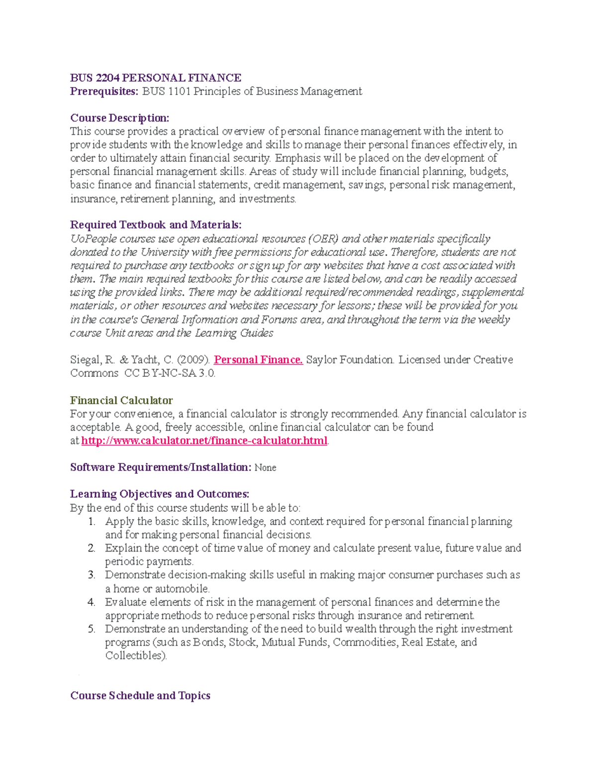 BUS 2204 - Personal Finance Course Syllabus and Requirements - Studocu