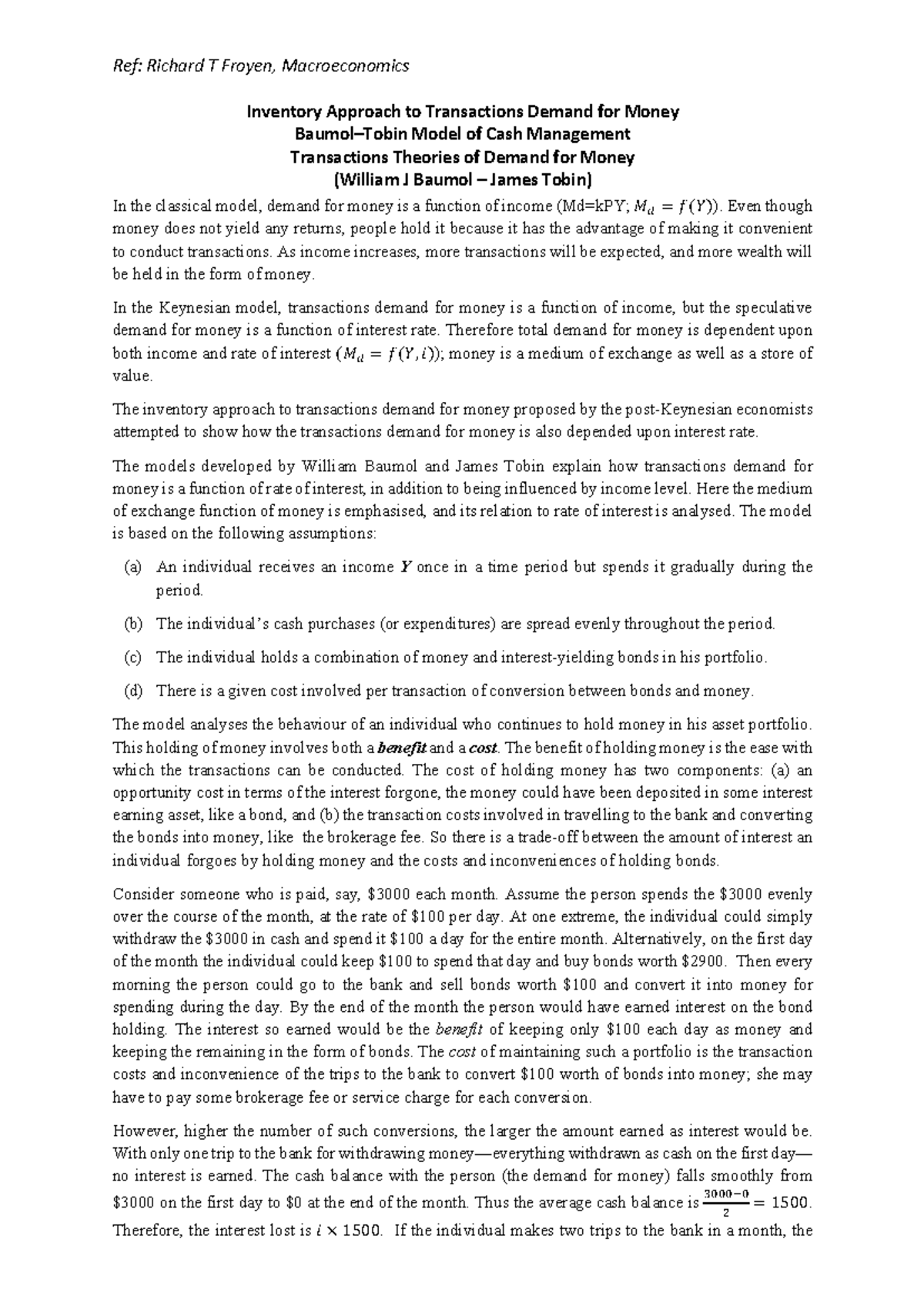 03 Money Demand: Baumol-Tobin Model & Portfolio Theory Analysis - Studocu