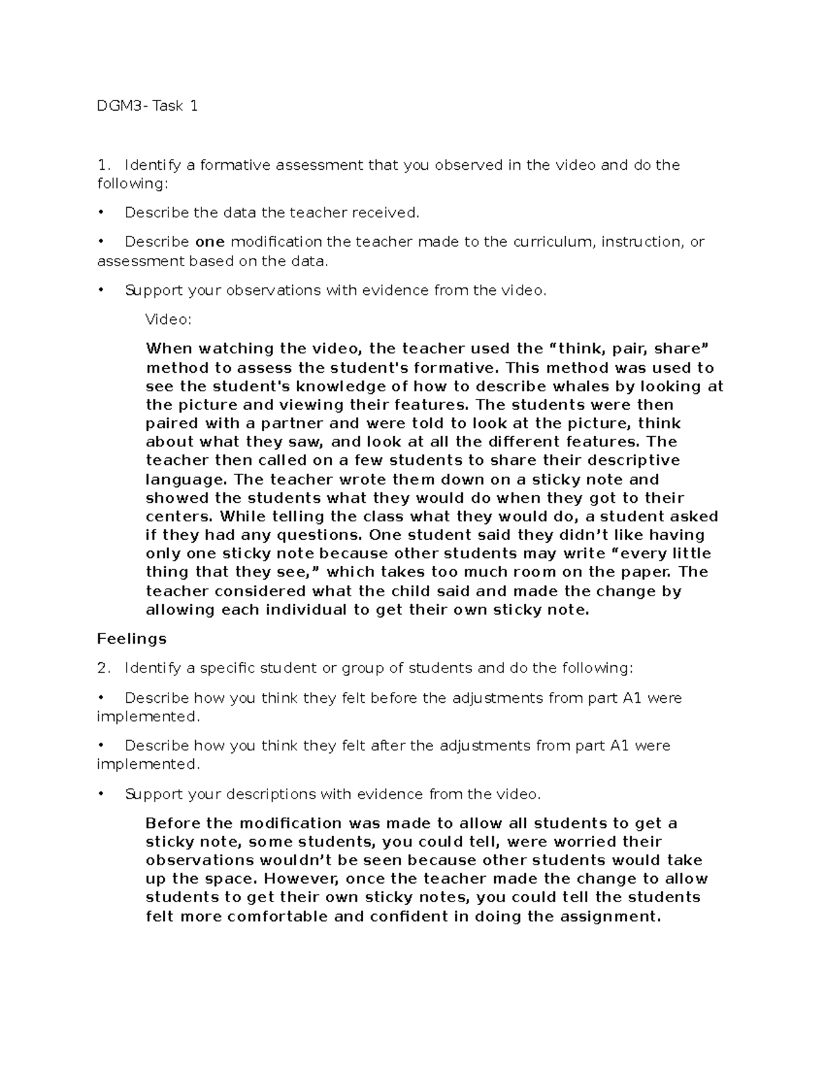 DGM3 - Task 1: Analyzing Formative Assessment Adjustments in Teaching - Studocu