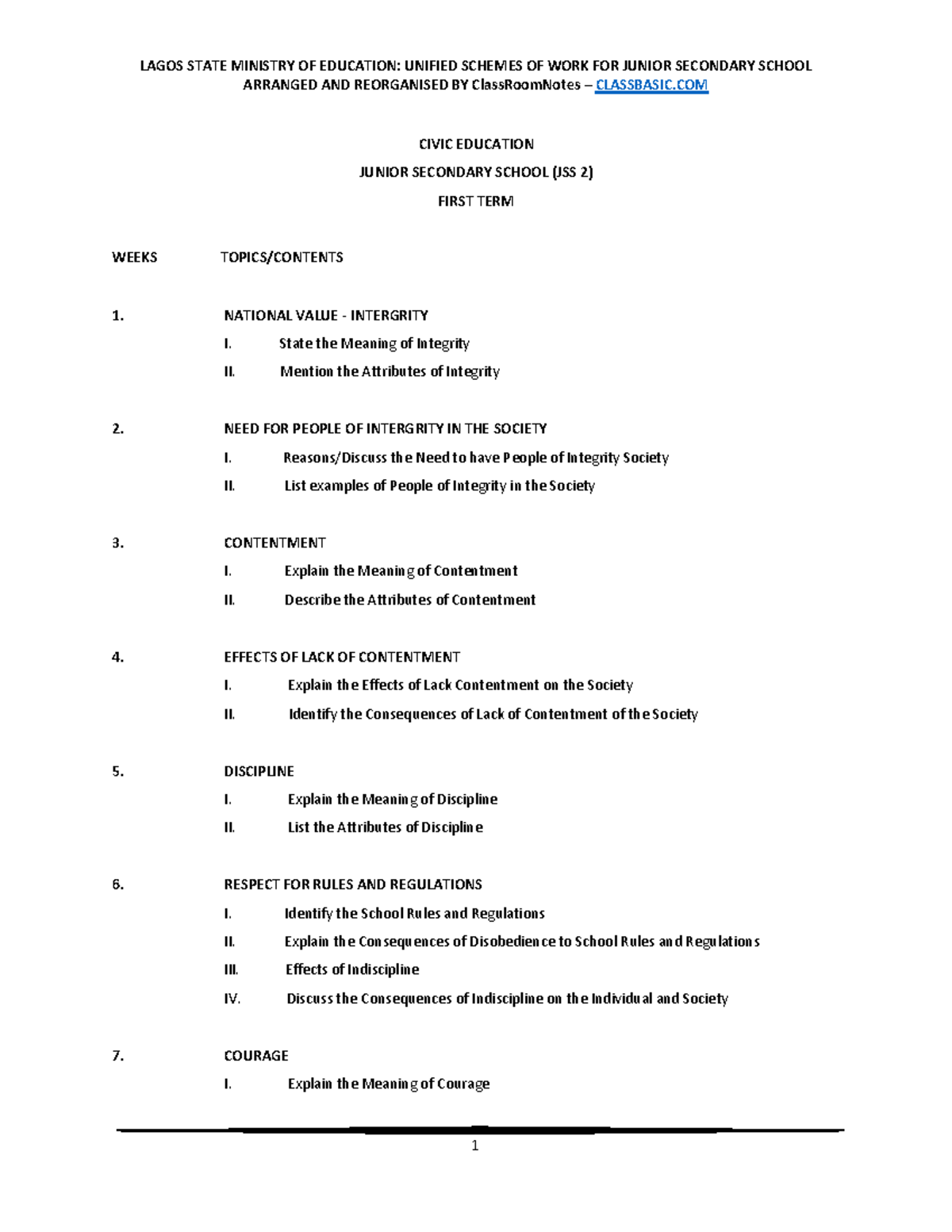 Civic Education Scheme of Work for JSS 2: Unified Curriculum Overview ...
