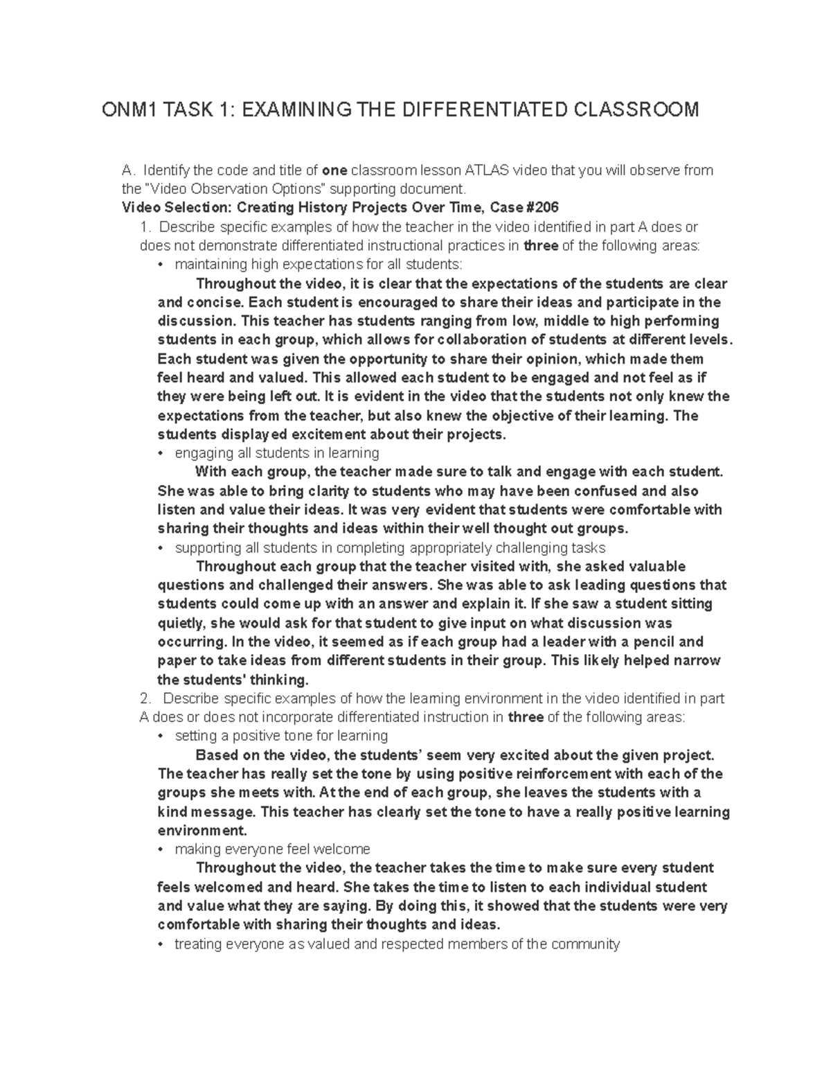 ONM1 TASK 1: Analyzing Differentiation in Classroom Instruction - Studocu