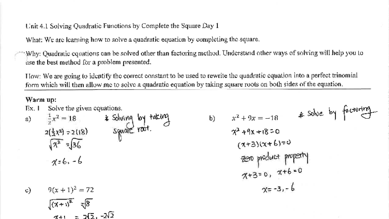 Unit 4.1 Quadratic Functions: Completing the Square Day 1 Notes - Studocu
