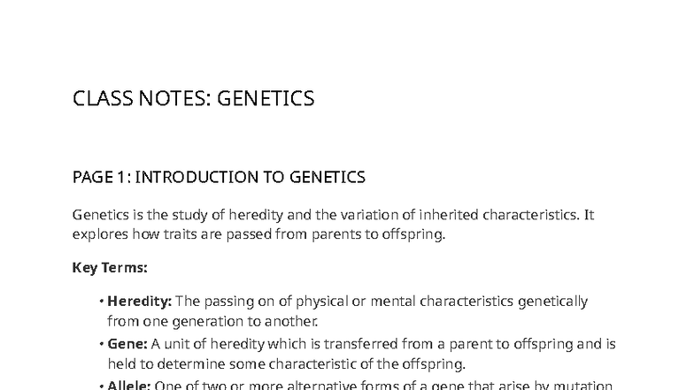 Genetics Class Notes: Introduction to Heredity and Mendelian Laws - Studocu