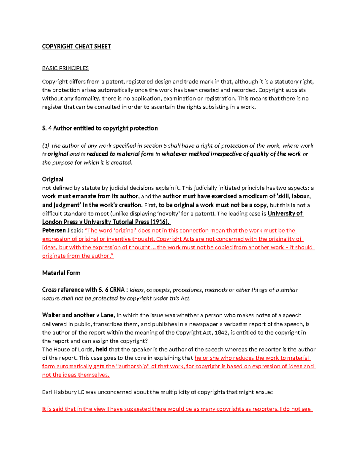 Copyright Law Essentials: A Comprehensive Cheat Sheet - Studocu