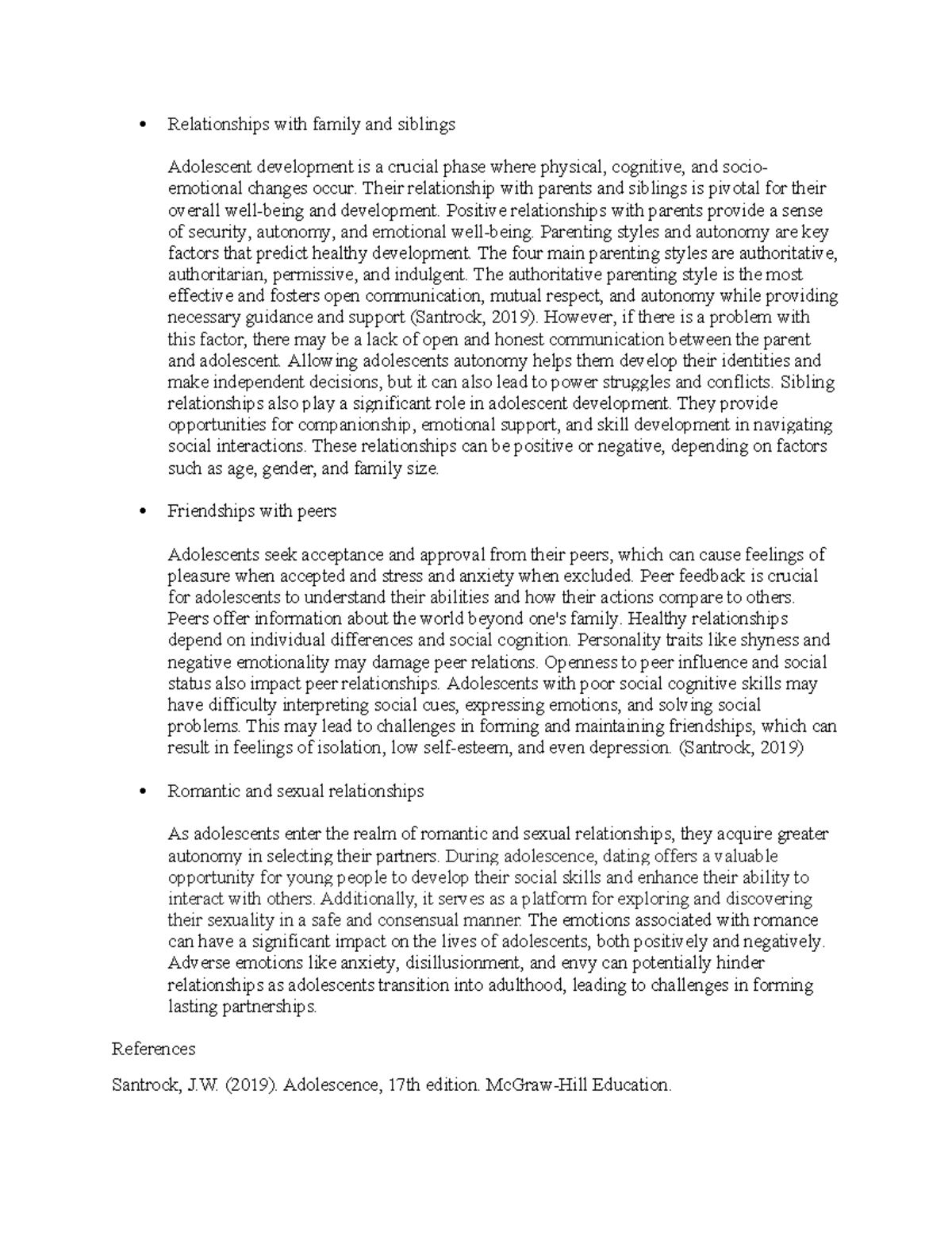 PSY 322 Module 4-1 Discussion Relationships - Relationships with family and siblings Adolescent ...