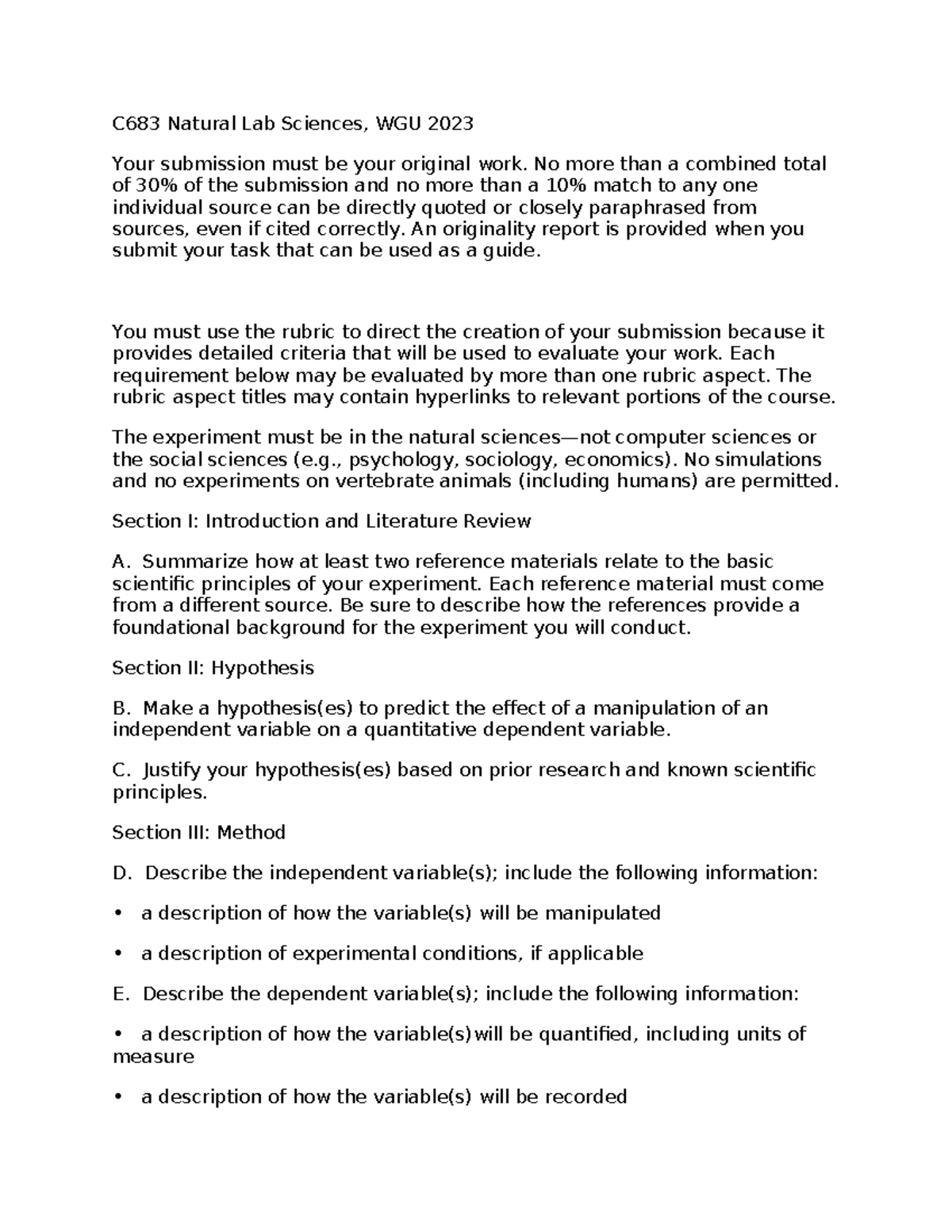 C683 Natural Lab Sciences: Experiment Requirements & Guidelines - Studocu