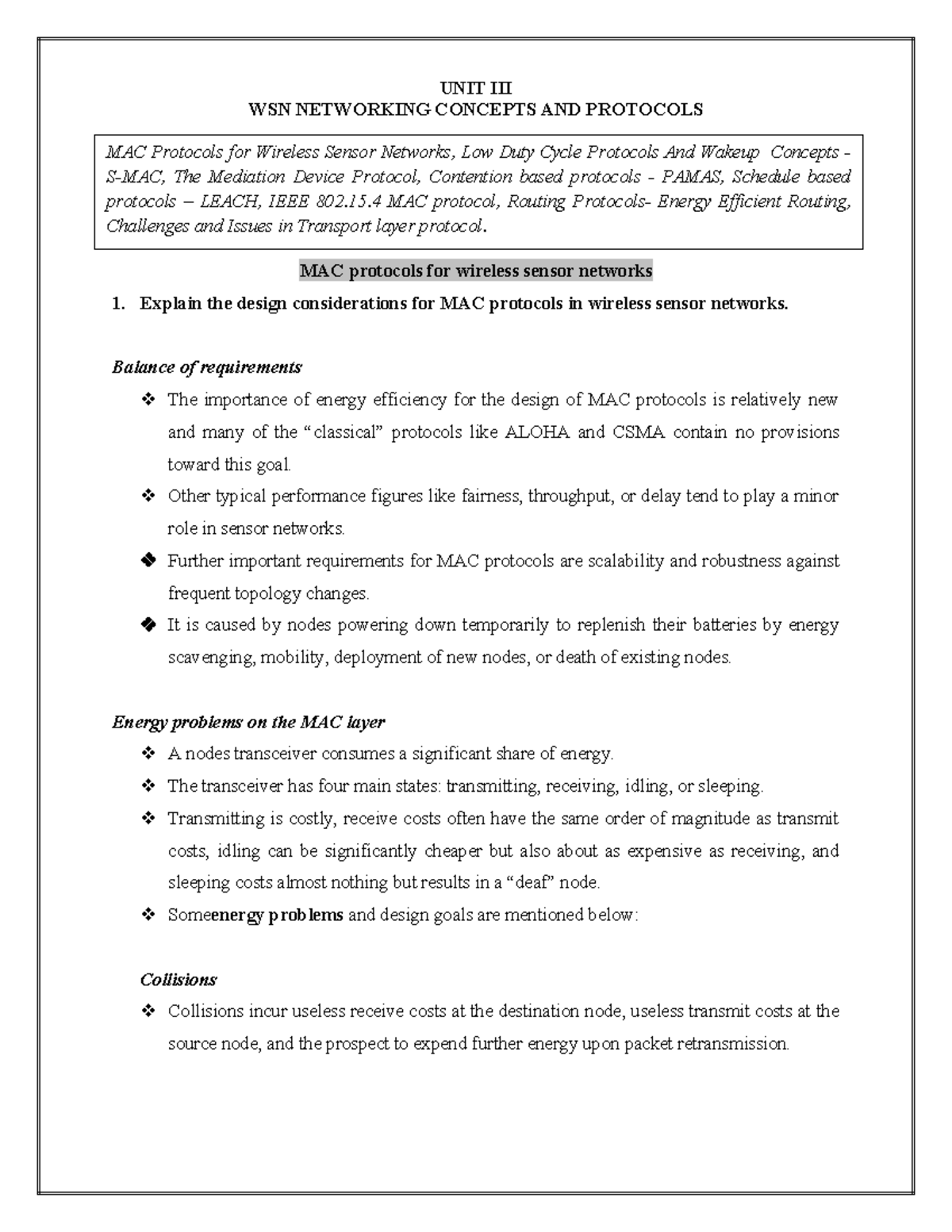 Unit 3 ASN - MAC Protocols for Wireless Sensor Networks and Energy Efficiency - Studocu