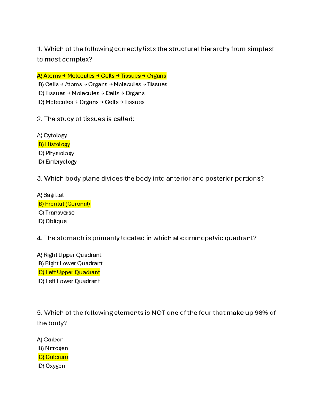 Anatomy and Physiology Quiz Questions for Course Code ANP101 - Studocu