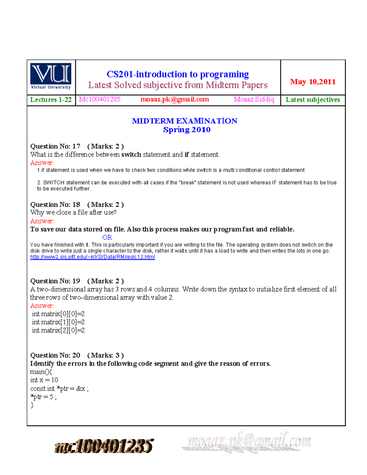 CS201 - Midterm Subjective Questions with Solutions by Moaaz - Studocu