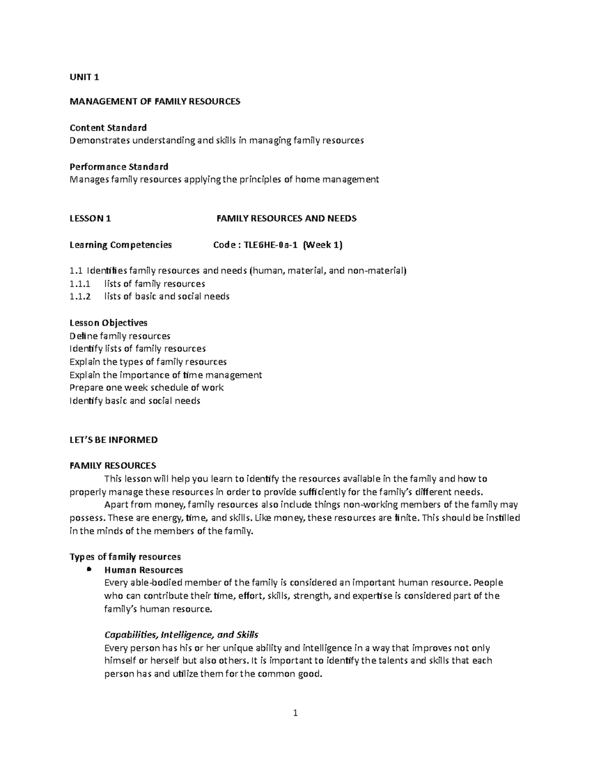 LM TLE 6 HE - Home Economics: Managing Family Resources & Needs - Studocu
