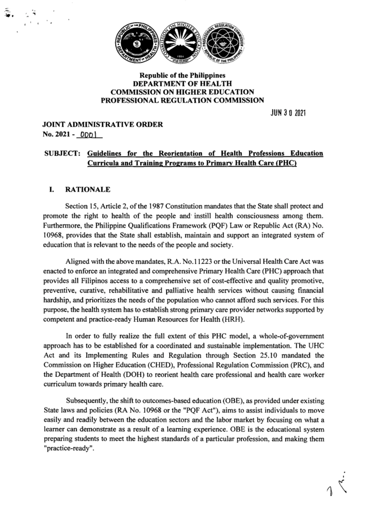F.3 JAO 2021-0001 DOH-CHED-PRC Guidelines for Primary Health Care ...