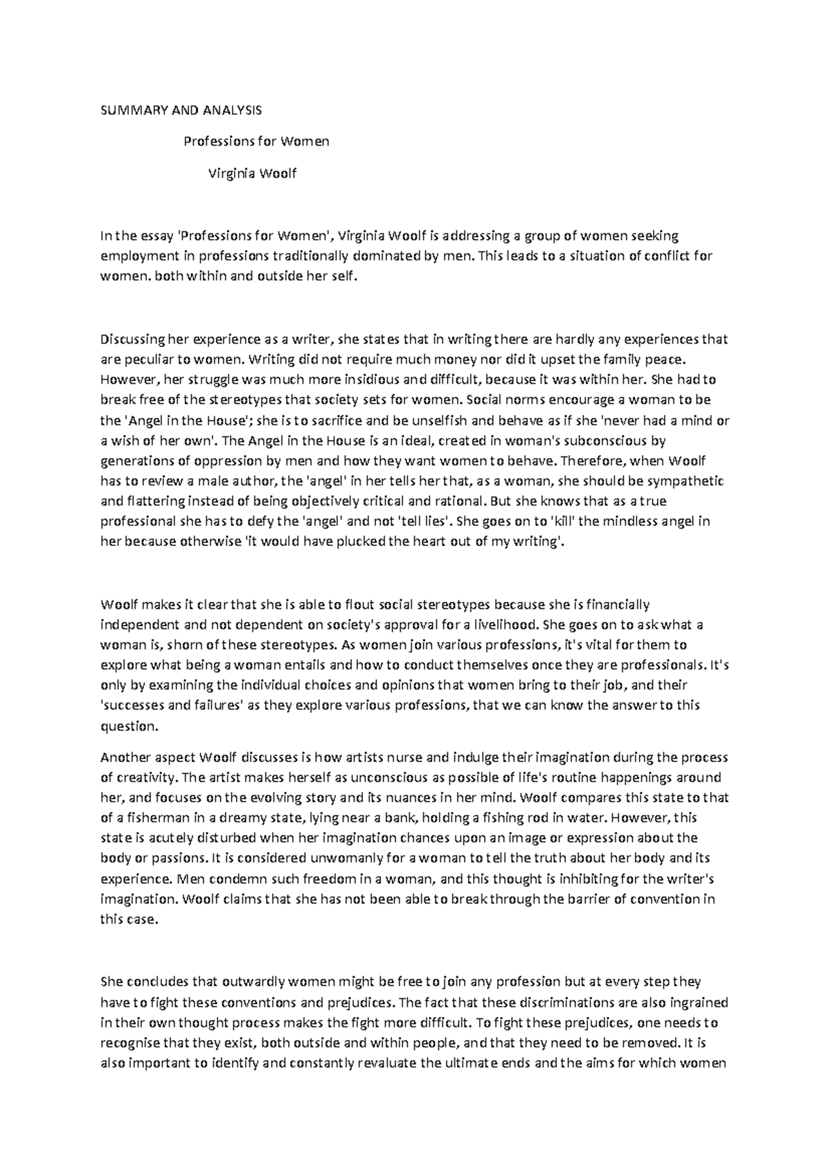 Analysis of Virginia Woolf's 'Professions for Women' - Summary - Studocu