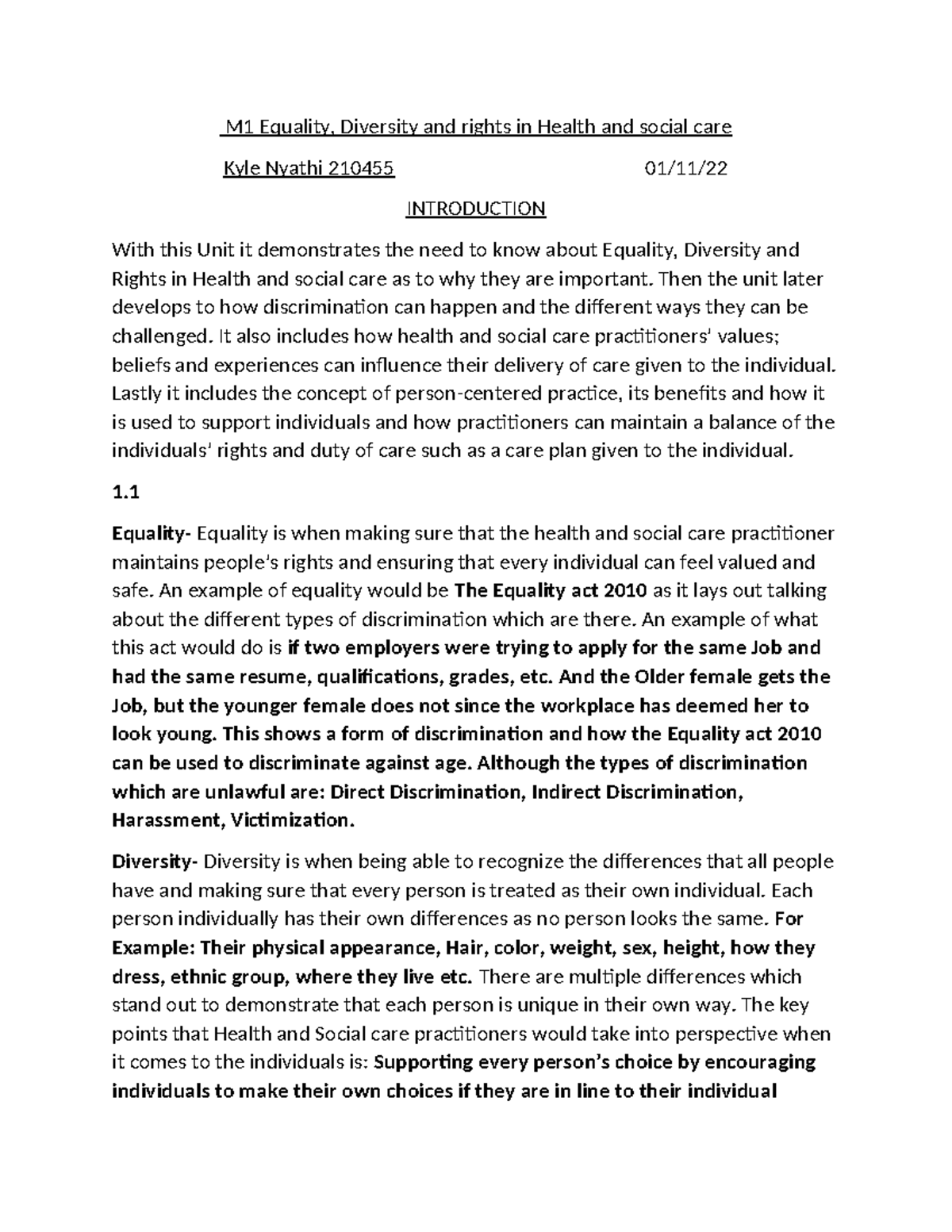 Equality, Diversity, and Rights in Health & Social Care HSC L2 Assmt 1 ...