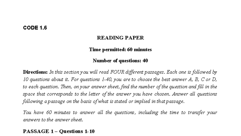 Hướng Dẫn Giải Đề FULL - CODE 1.6 Reading (Paper-Based) - Studocu