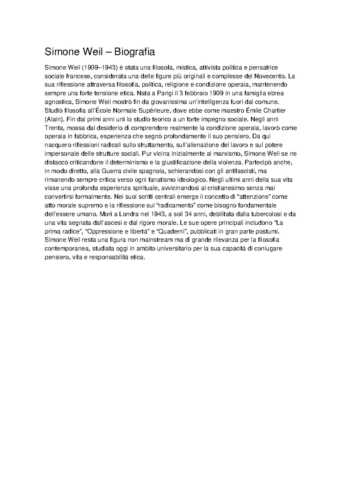 Biografia di Simone Weil: Filosofa e Attivista Sociale - Studocu