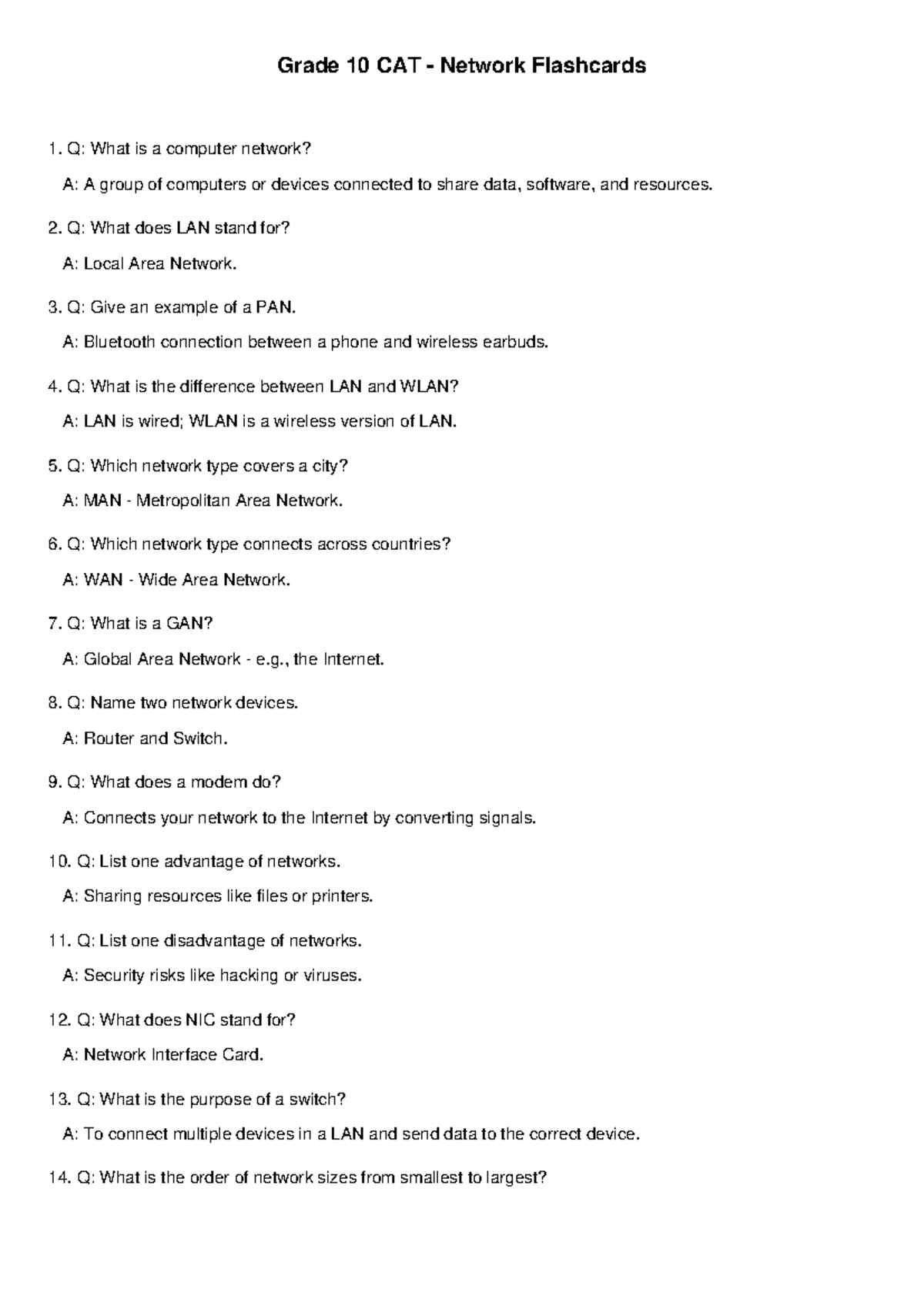 Grade 10 CAT Network Flashcards: Key Concepts & Definitions - Studocu