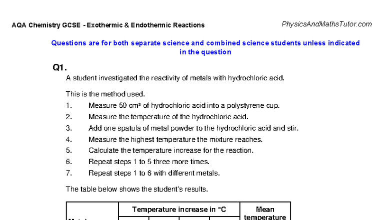 AQA Chemistry GCSE Exothermic & Endothermic Reactions QP - Studocu