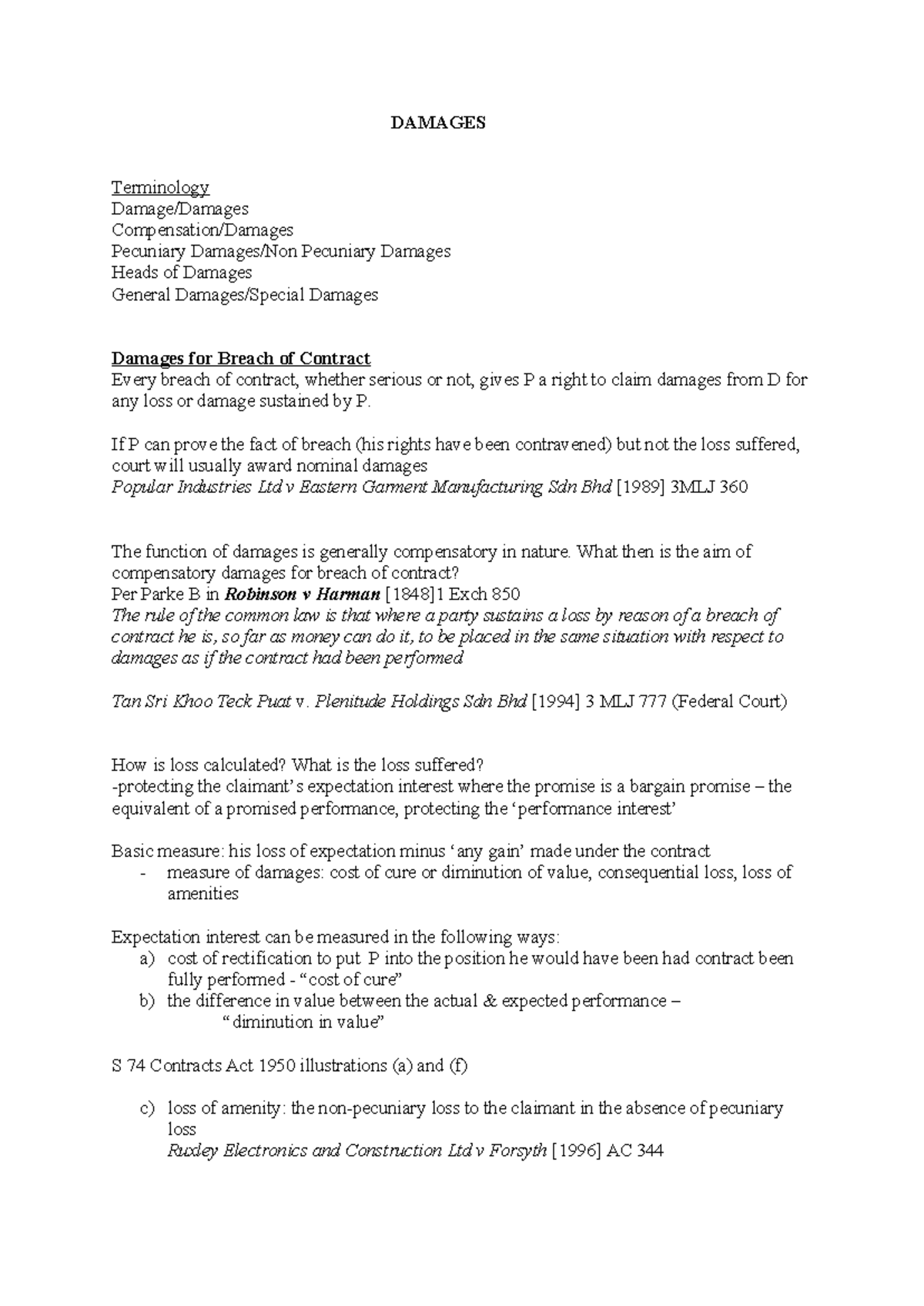 Damages in Contract Law: Key Terminology and Principles (LAW 101) - Studocu