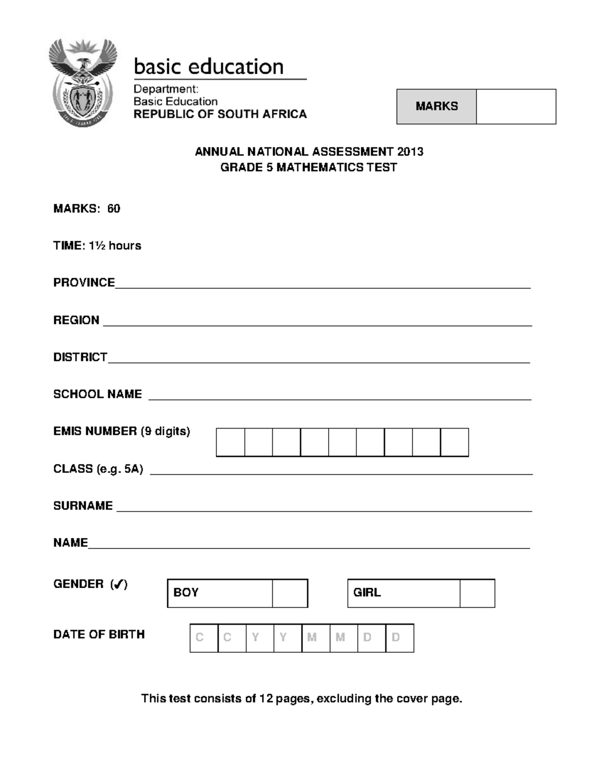 New 2013 Grade 5 Mathematics Test: Annual National Assessment - Studocu