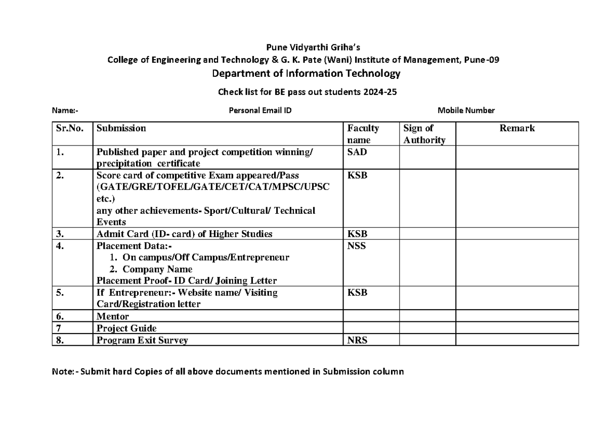 Checklist for BE Pass Out Students - Pune Vidyarthi College - Studocu