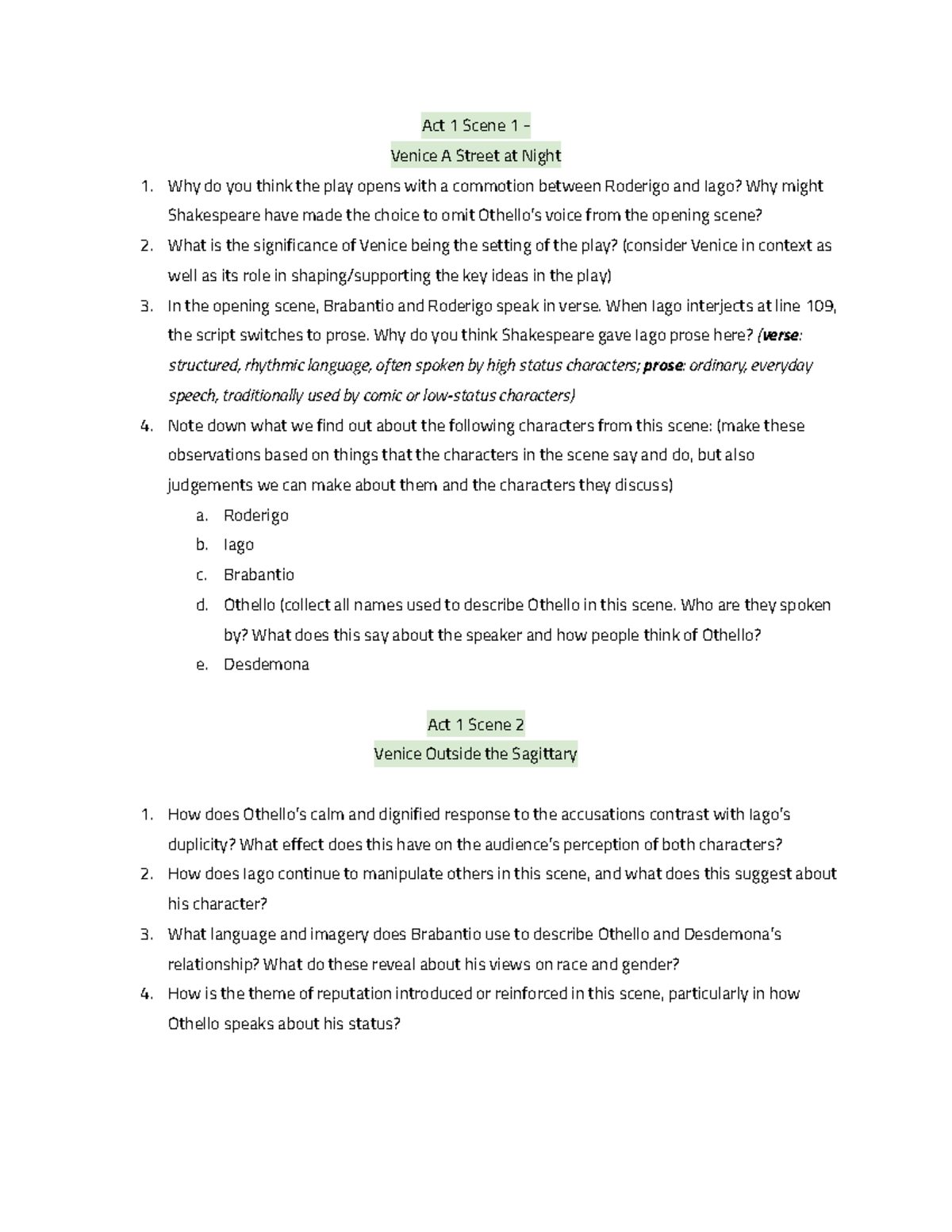 Comprehension Questions & Analysis of Act 1 - ENG 101 Literature Study ...