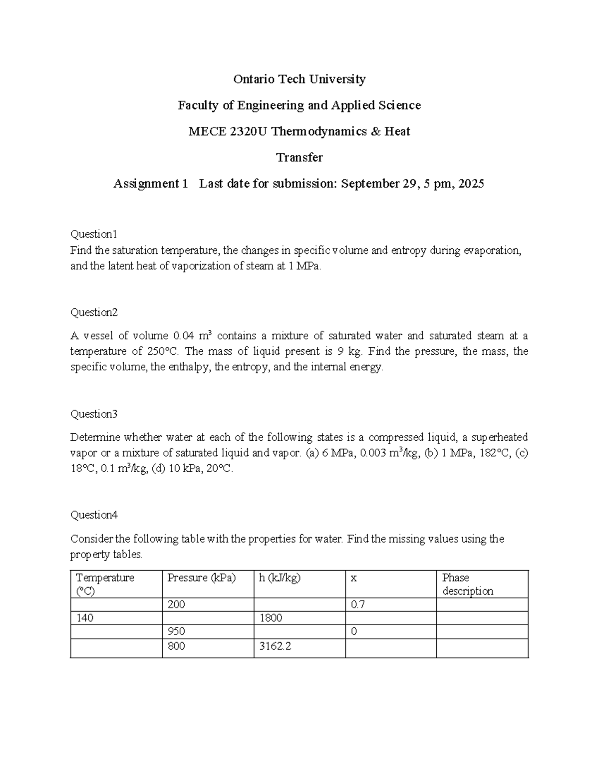MECE 2320U Thermodynamics Heat Transfer Assignment 1 Guide - Studocu