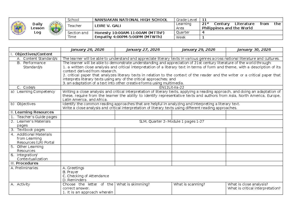 Q4 DLL-21st Century Literature-Week 1 Lesson Plan (Jan 26-30, 2026 ...