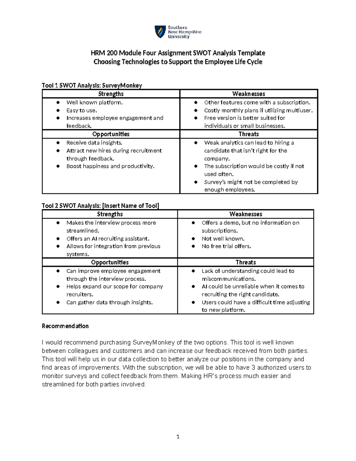 HRM 200 SWOT Analysis - Employee Life Cycle Technology Tools Worksheet ...