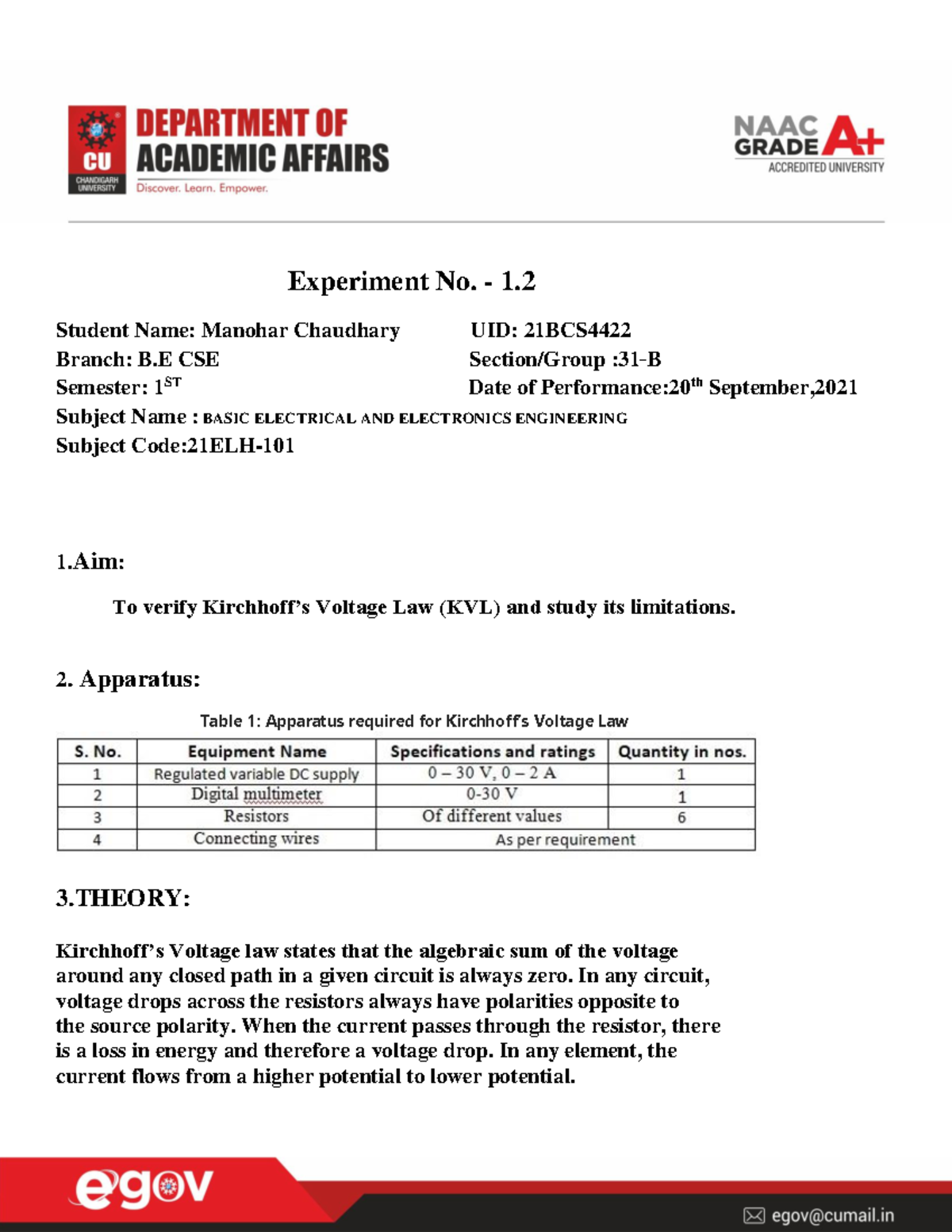 BEEE Worksheet (1.2)-converted KVL - Experiment No. - 1. Student Name ...