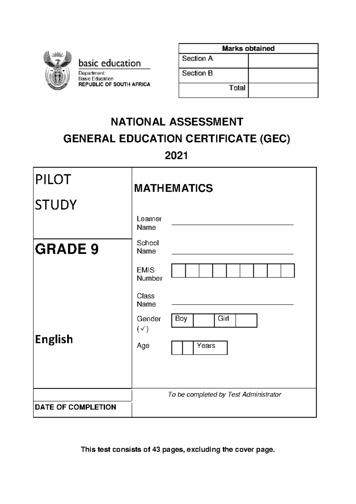 GEC GR 9 Maths 2021 Test - Assessment Details and Instructions - Studocu