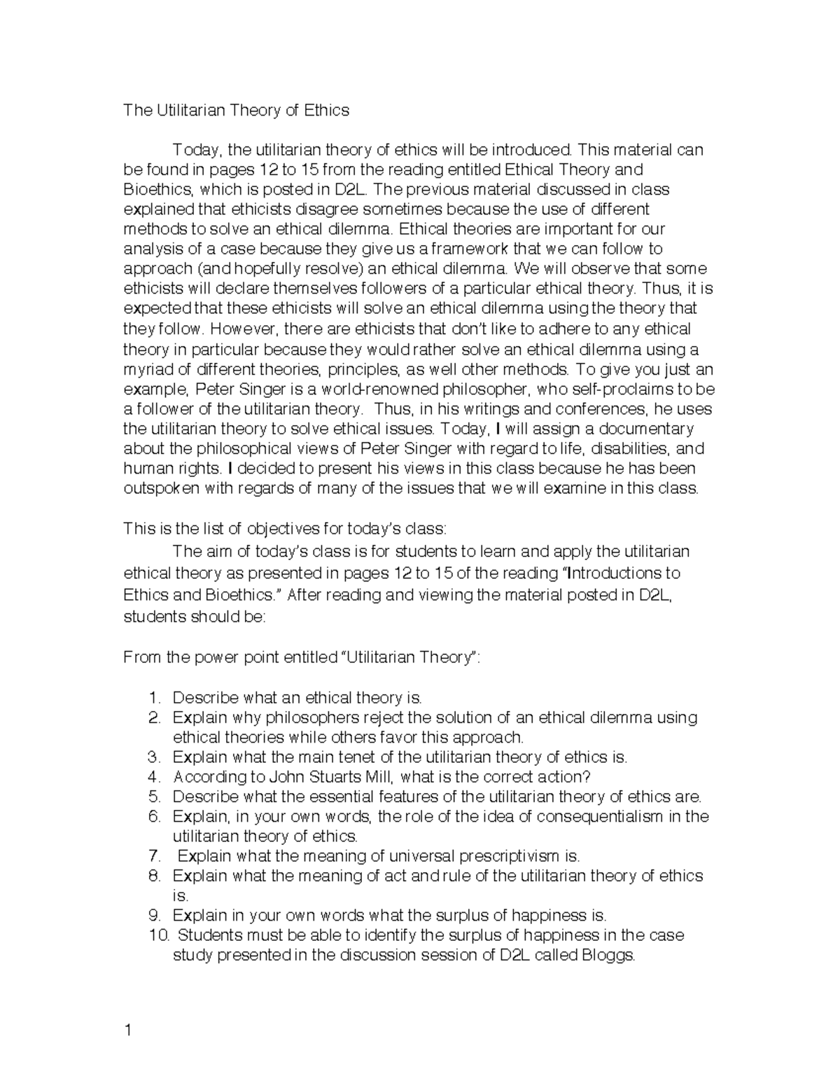 Utilitarian Theory of Ethics (ETH101): Overview & Peter Singer's Views ...