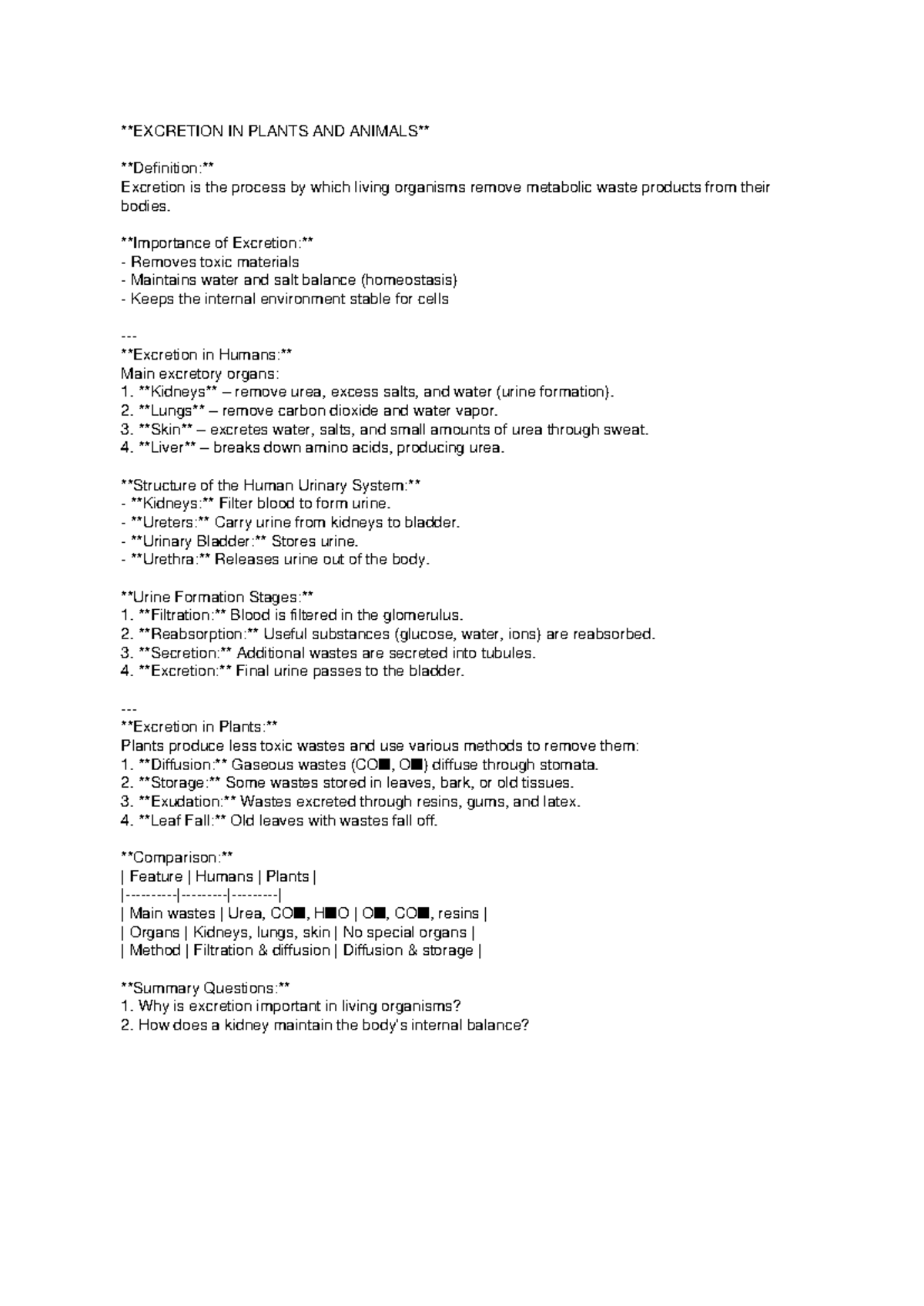 Excretion in Plants and Animals: A Comparative Study (BIO101) - Studocu