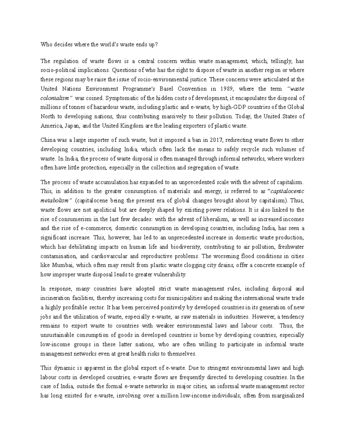 Regulation of Waste Flows: Justice and Management Issues - Studocu