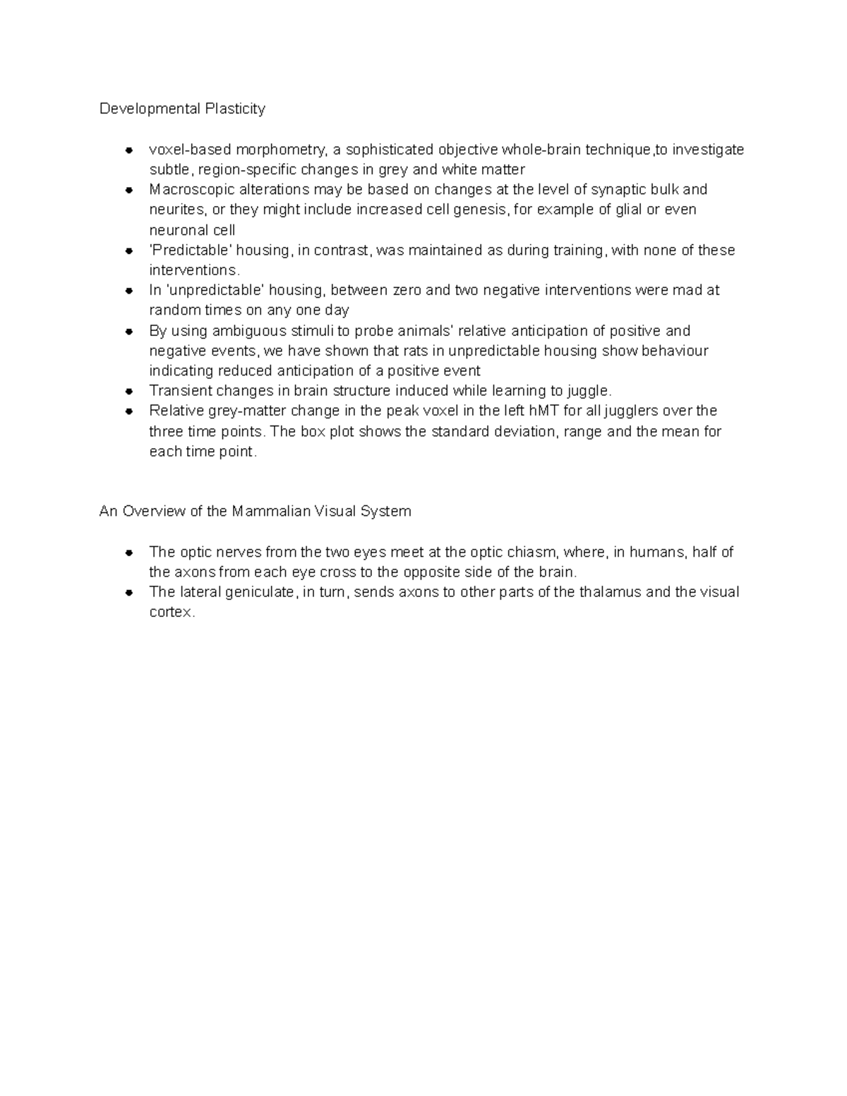 Physiobio 101: Developmental Plasticity & Visual System Overview - Studocu
