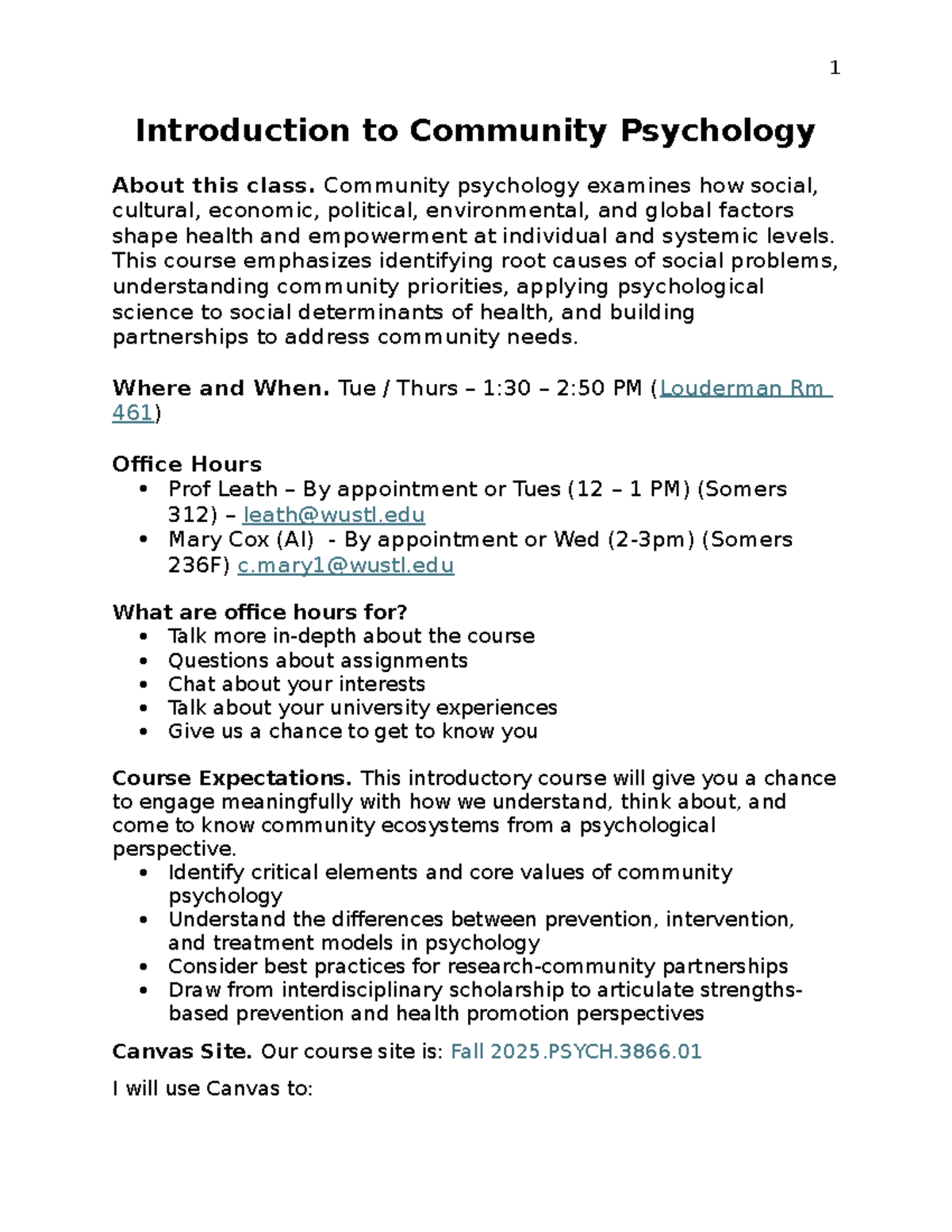 Introduction to Community Psychology Syllabus (PSYCH.3866.01) Fall 2025 - Studocu