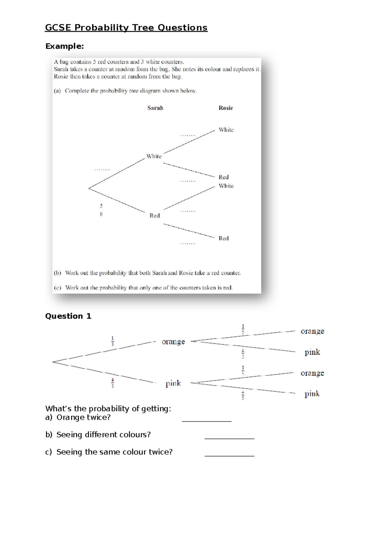 GCSE-Probability Trees Worksheet: Example Questions & Solutions - Studocu