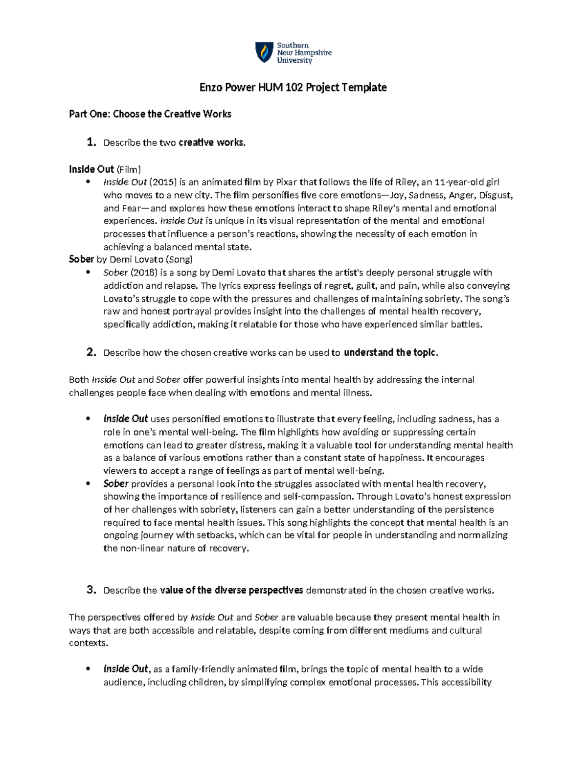 HUM 102 Project Template - Enzo Power HUM 102 Project Template Part One ...