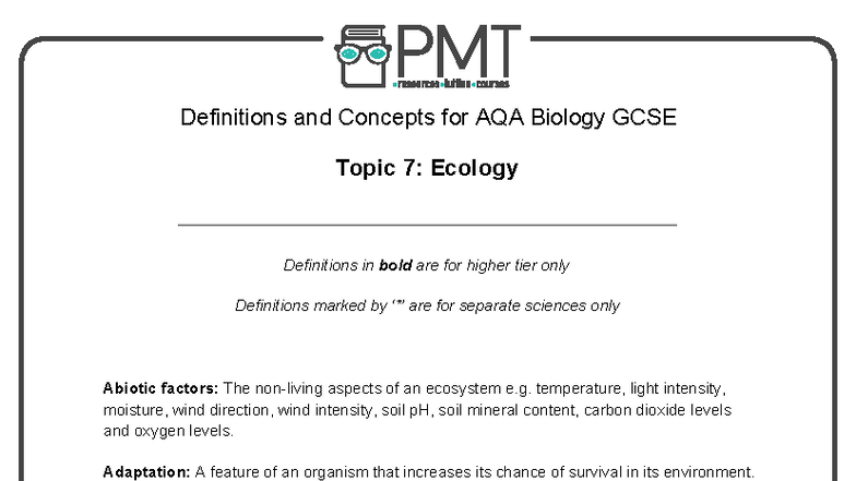 AQA Biology GCSE Topic 7: Ecology Definitions for Higher Tier - Studocu