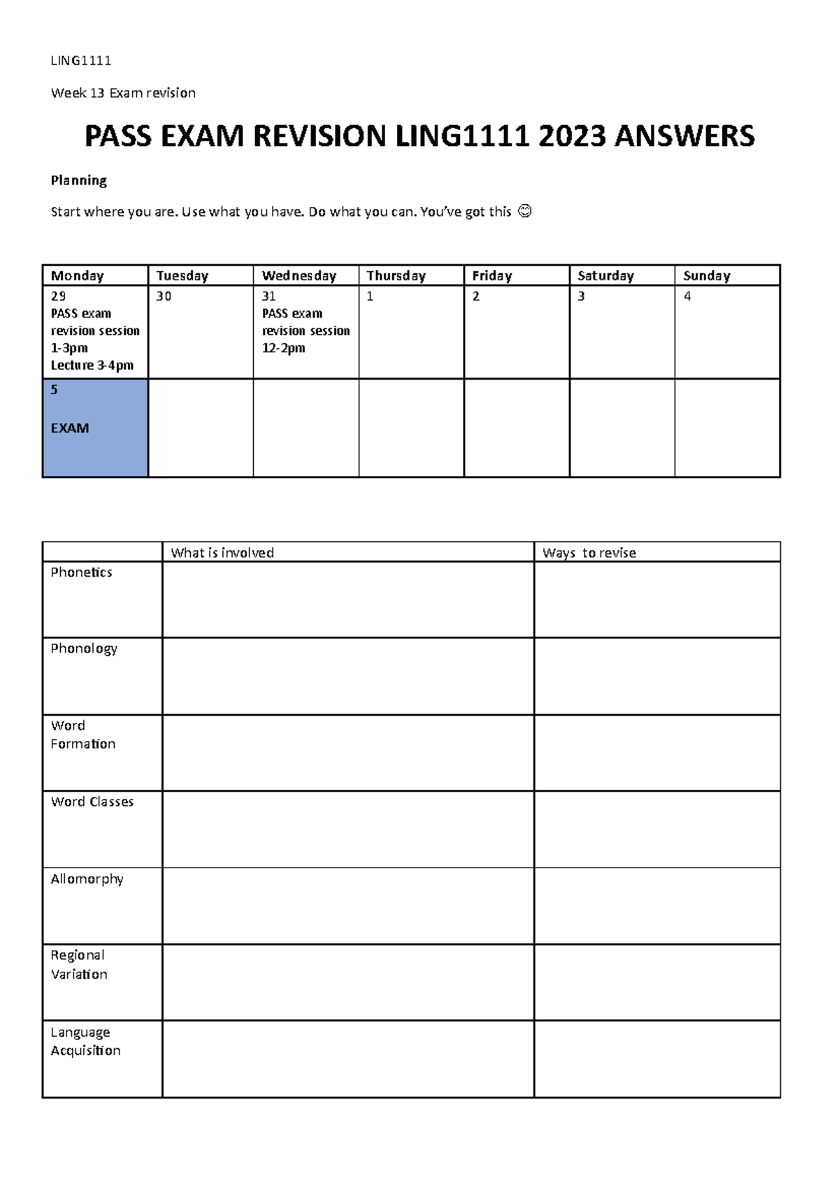 Exam revision for end of semester exam - Week 13 Exam revision PASS ...