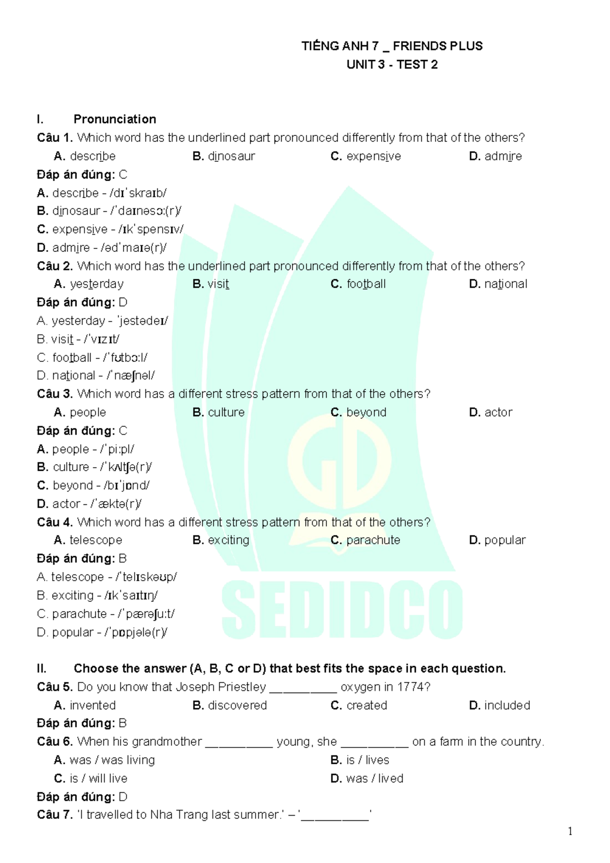 Tiếng Anh 7 - Friends Plus: Unit 3 - Test 2 Answers (Key) - Studocu