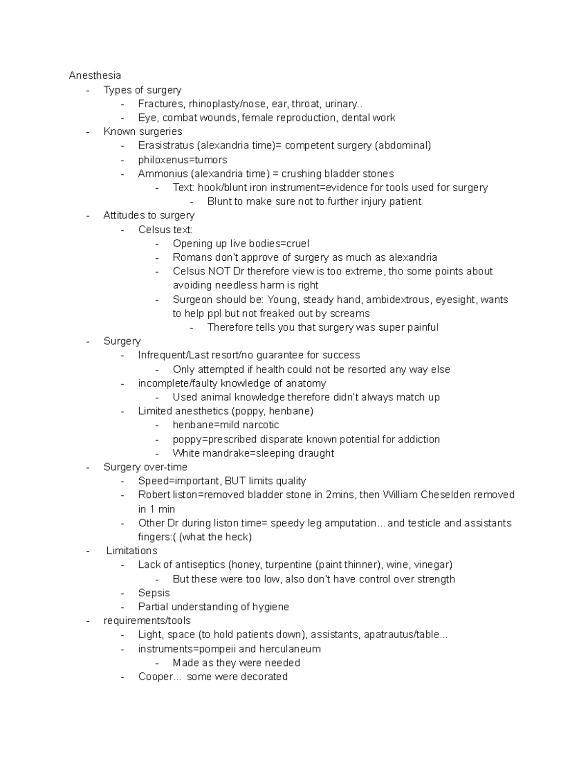 Classics 2902: Anesthesia Lecture Notes on Surgical Practices - Studocu