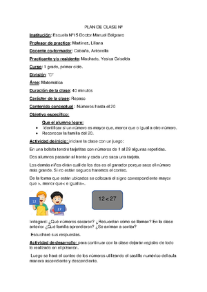 Dieces y unos - Secuencia matemática - PLAN DE CLASE Nº Institución ...